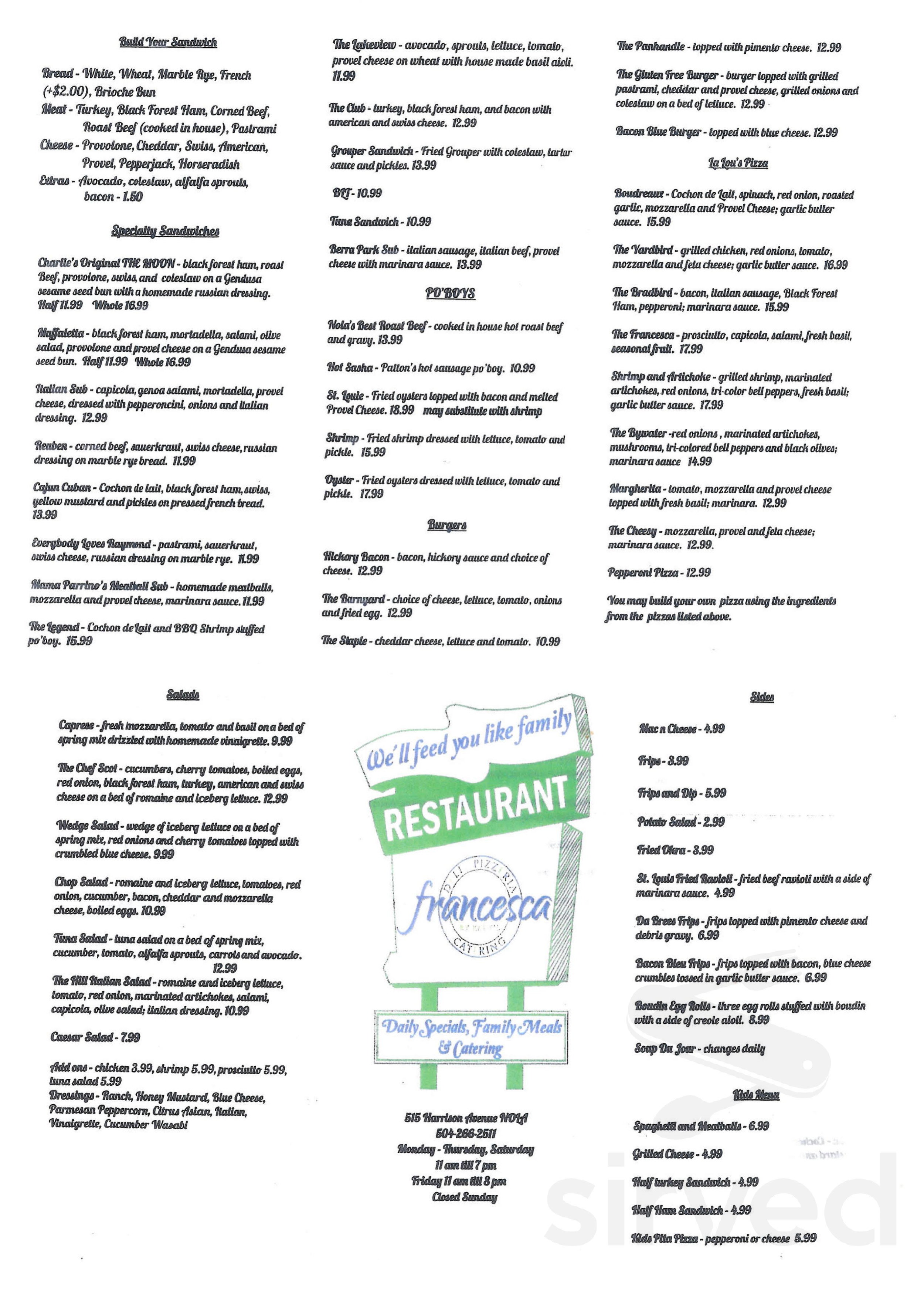 Francesca Deli, Pizzeria And Catering menus in New Orleans, Louisiana ...