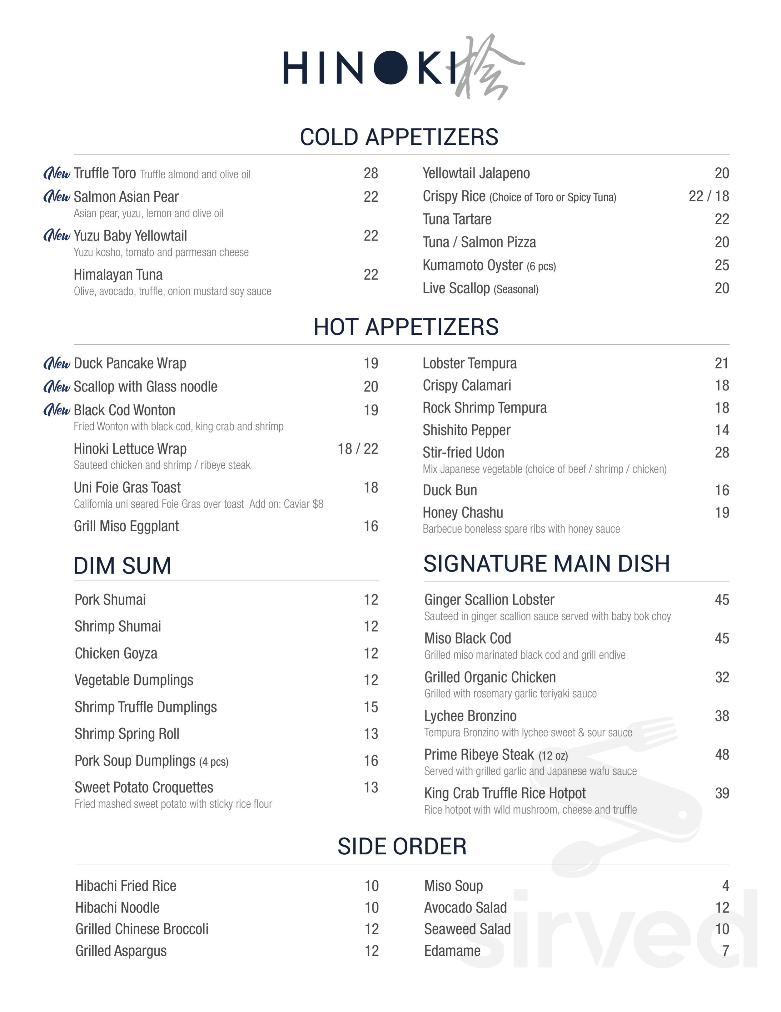 Hinoki menu in Greenwich, Connecticut, USA