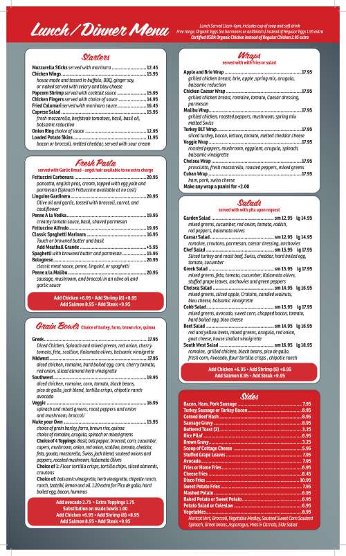 Malibu Diner menu in New York, New York, USA