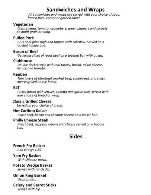 Cariboo Hotel menu in Quesnel, British Columbia, Canada