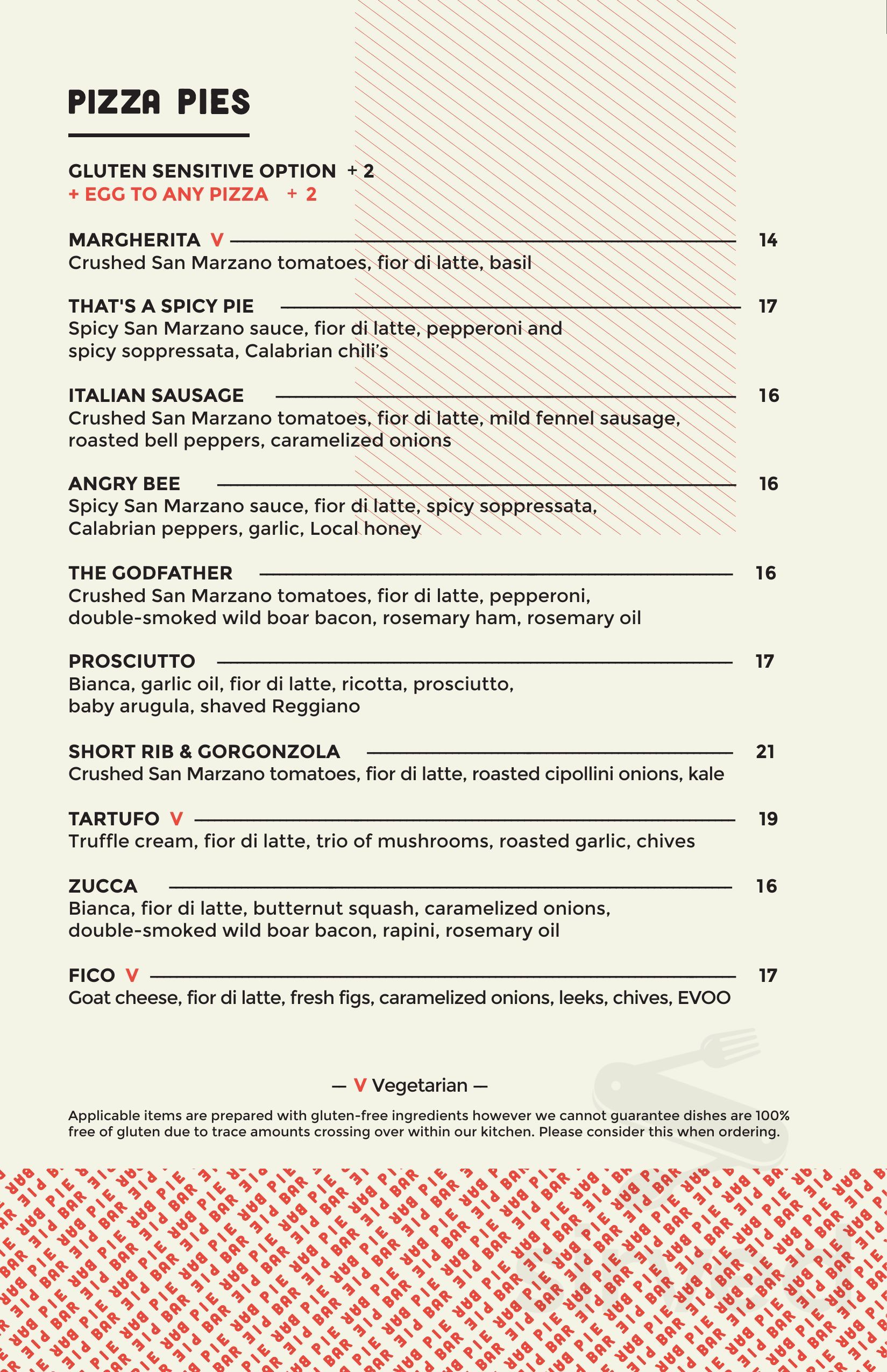 Pie Bar menu in Toronto, Ontario, Canada