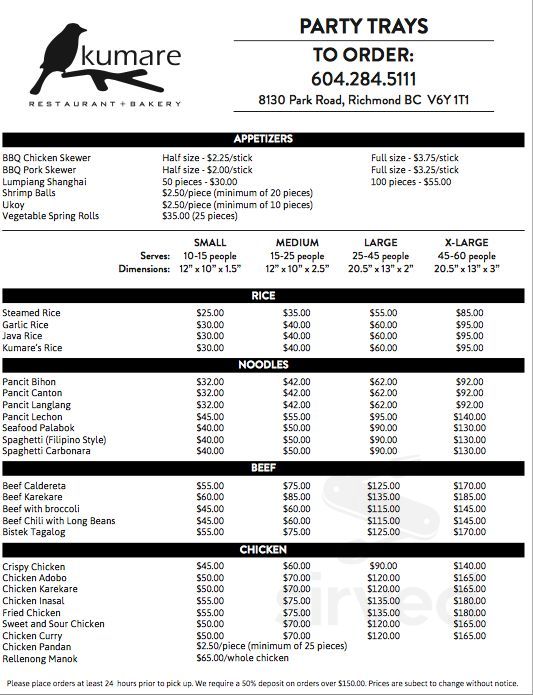 Kumare Restaurant and Bakery menu in Delta, British Columbia, Canada
