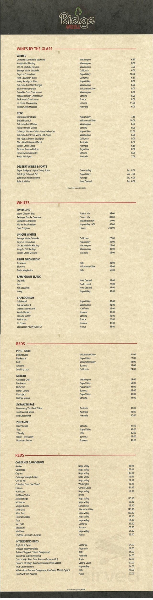 Ridge Grill menu in Tulsa, Oklahoma, USA