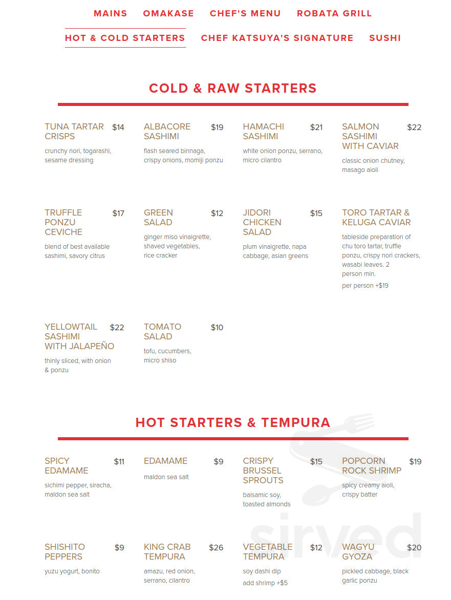 Katsuya Brentwood menu in Los Angeles, California, USA