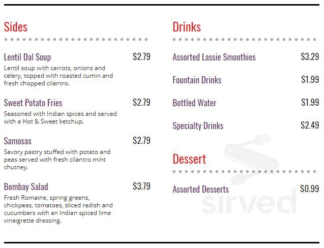 Menu - Chicago IL's Bombay Eats / Bombay Wraps | Sirved