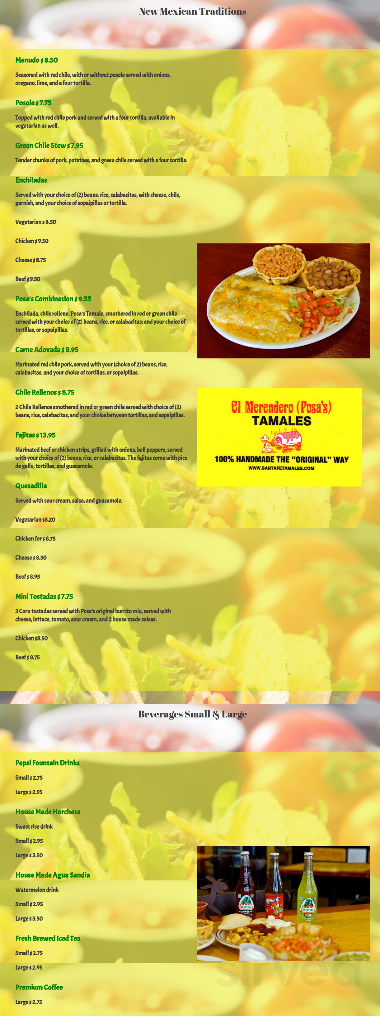 Posa's Tamale Factory & Restaurant menu in Santa Fe, New Mexico, USA