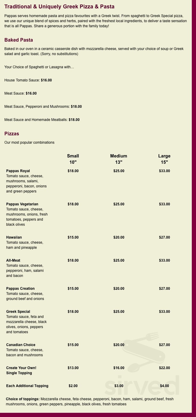 Pappas Greek Food & Steak menus in Winnipeg, Manitoba, Canada
