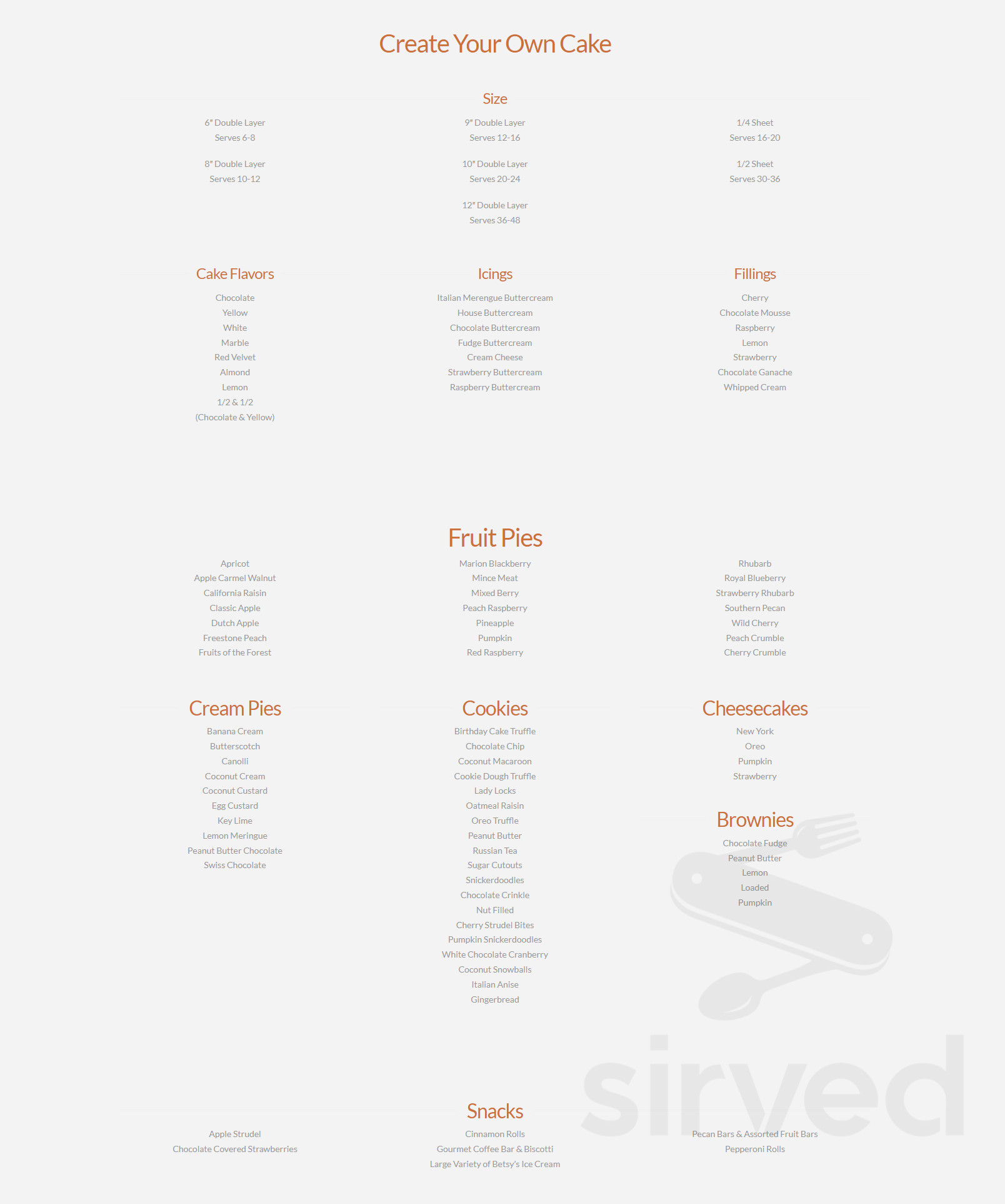 The Pie Place menu in Pittsburgh, Pennsylvania, USA