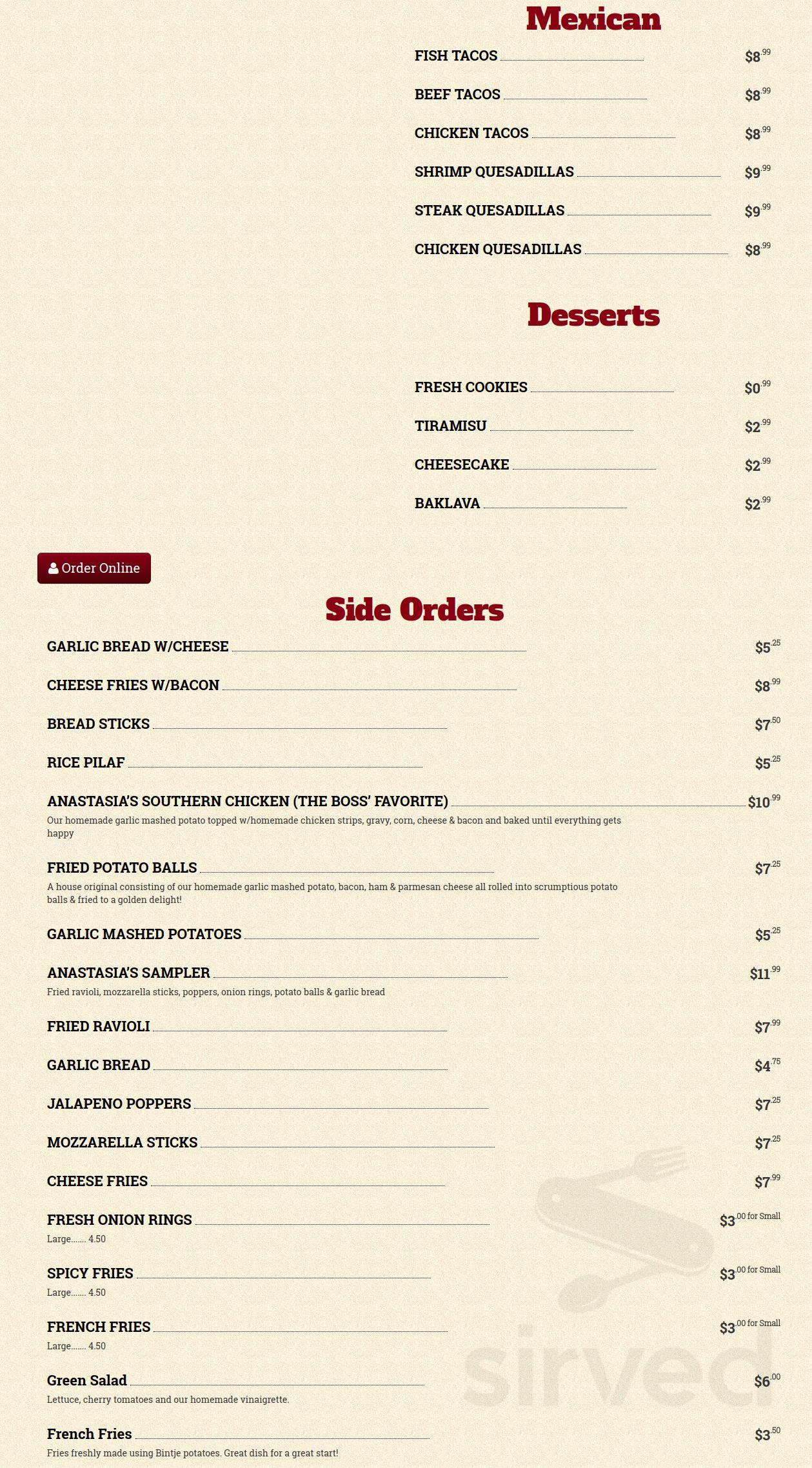 Menu - Framingham MA's Anastasia’s Pizza, Oven And Grill | Sirved