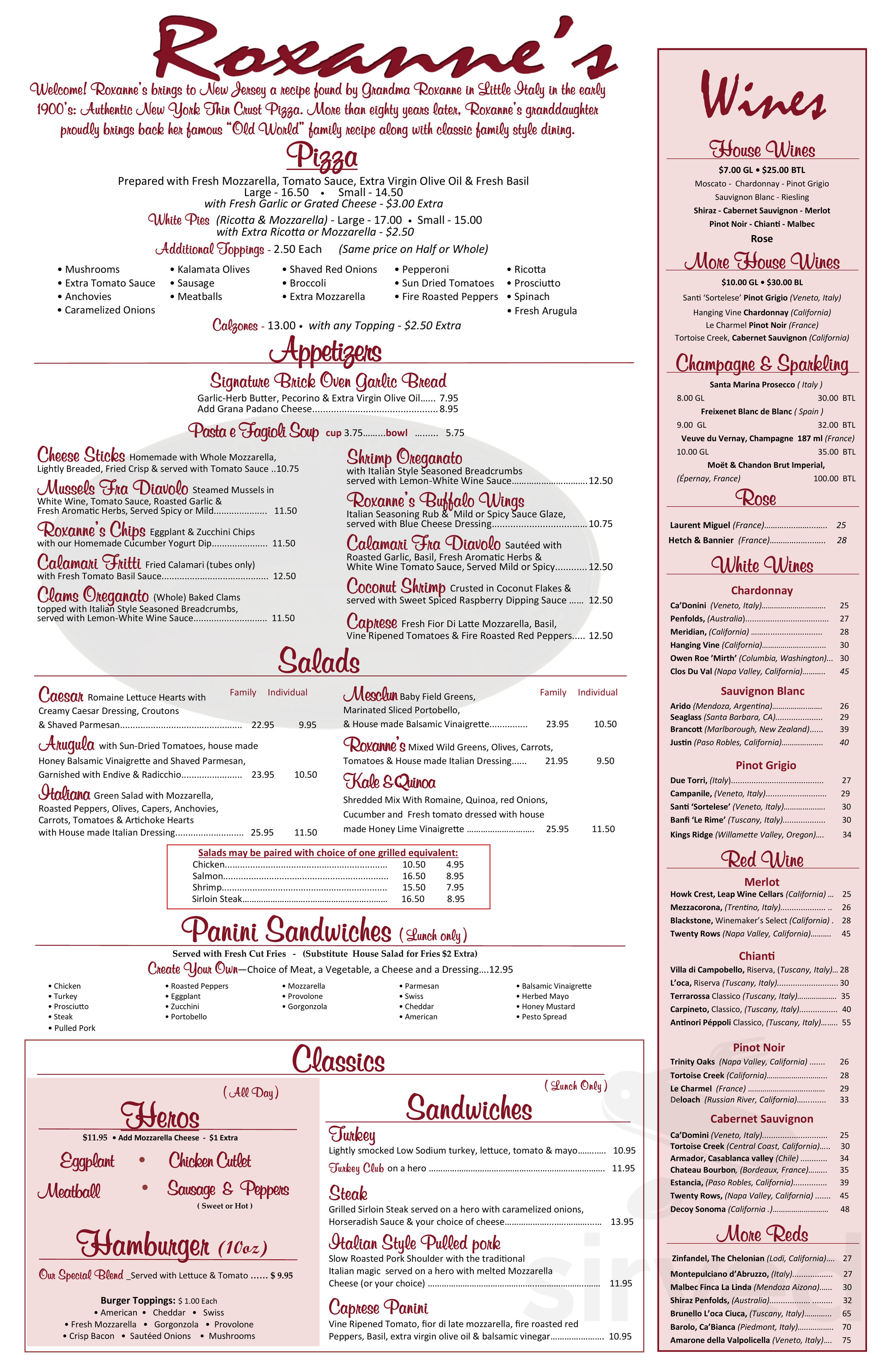 Menu for Roxanne's in Mahwah, NJ | Sirved
