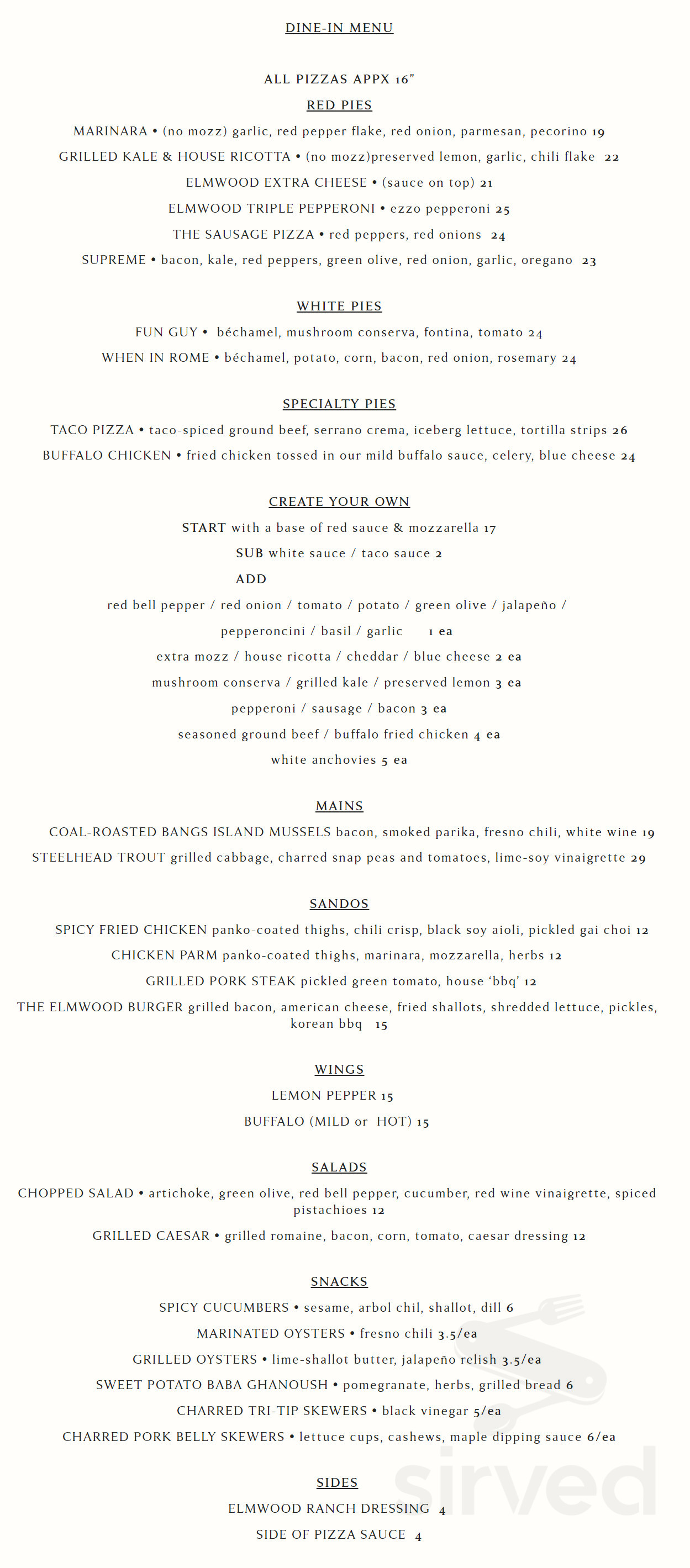 Menu - Maplewood MO's Elmwood | Sirved