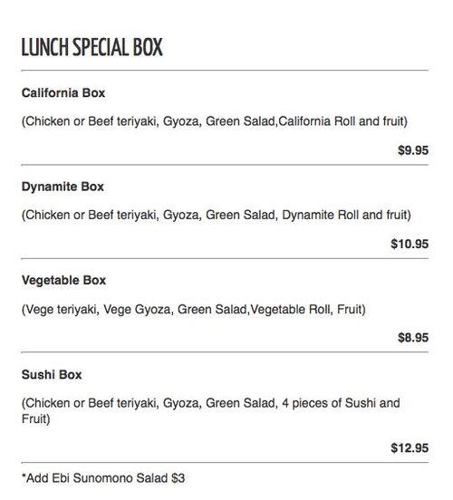 Miki's Sushi menu in Campbell River, British Columbia, Canada