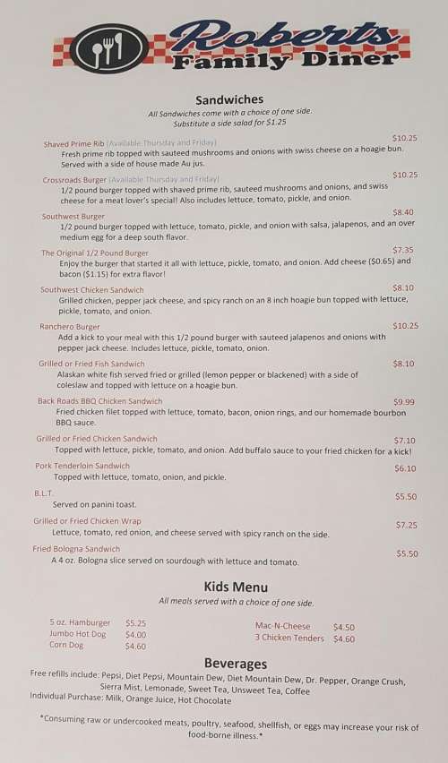 Roberts Family Diner menu in Sparta, Tennessee, USA