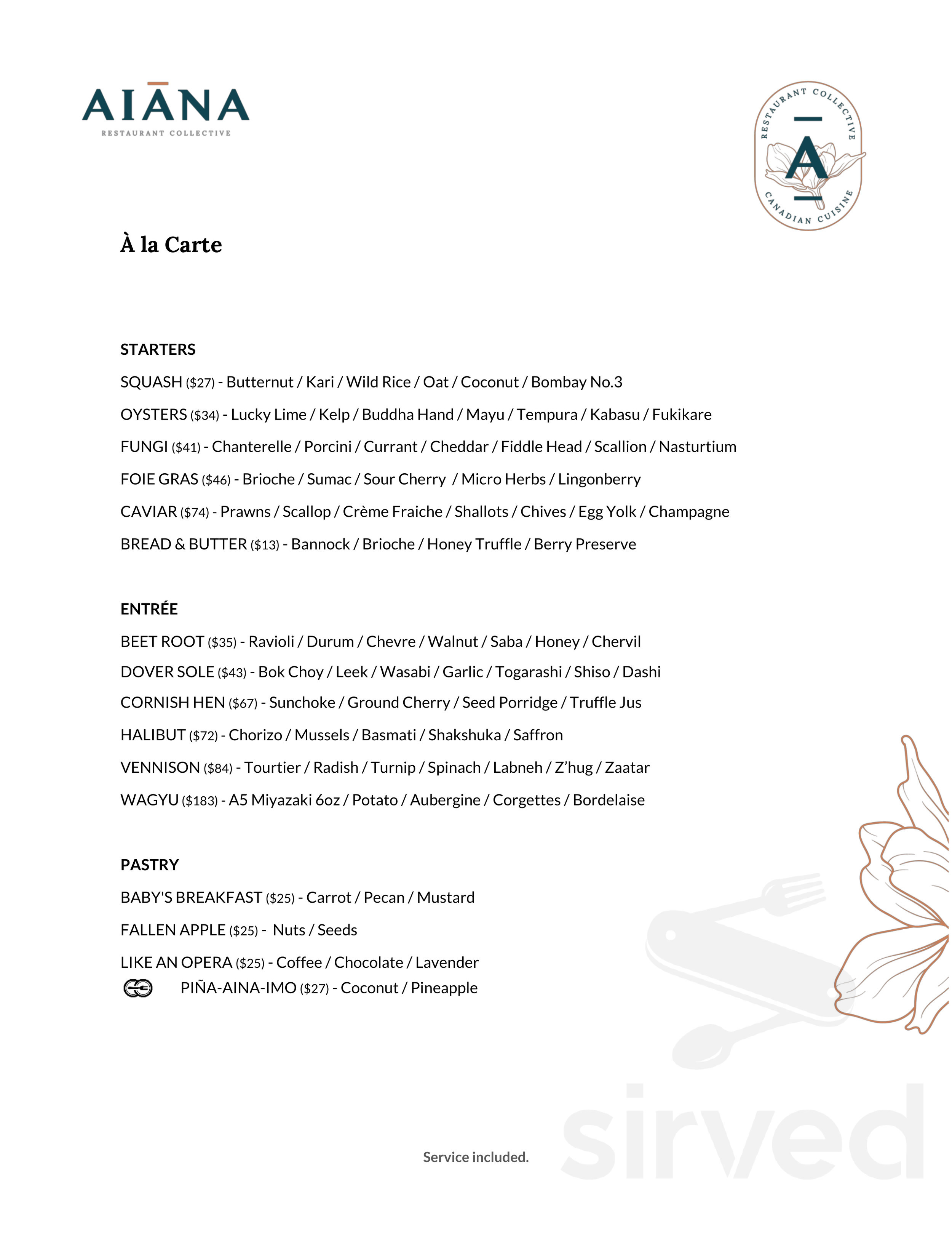 Aiana Restaurant Collective menu in Ottawa, Ontario, Canada