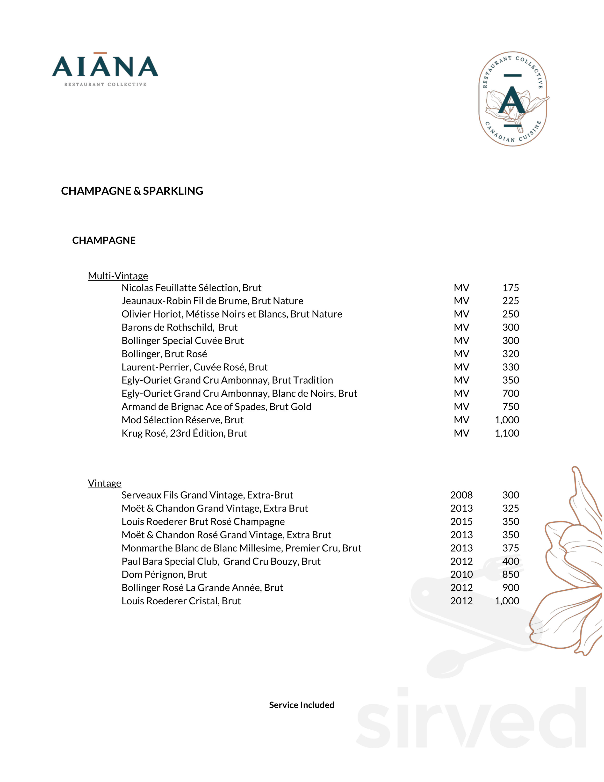 Menu for Aiana Restaurant Collective in Ottawa, Ontario, Canada