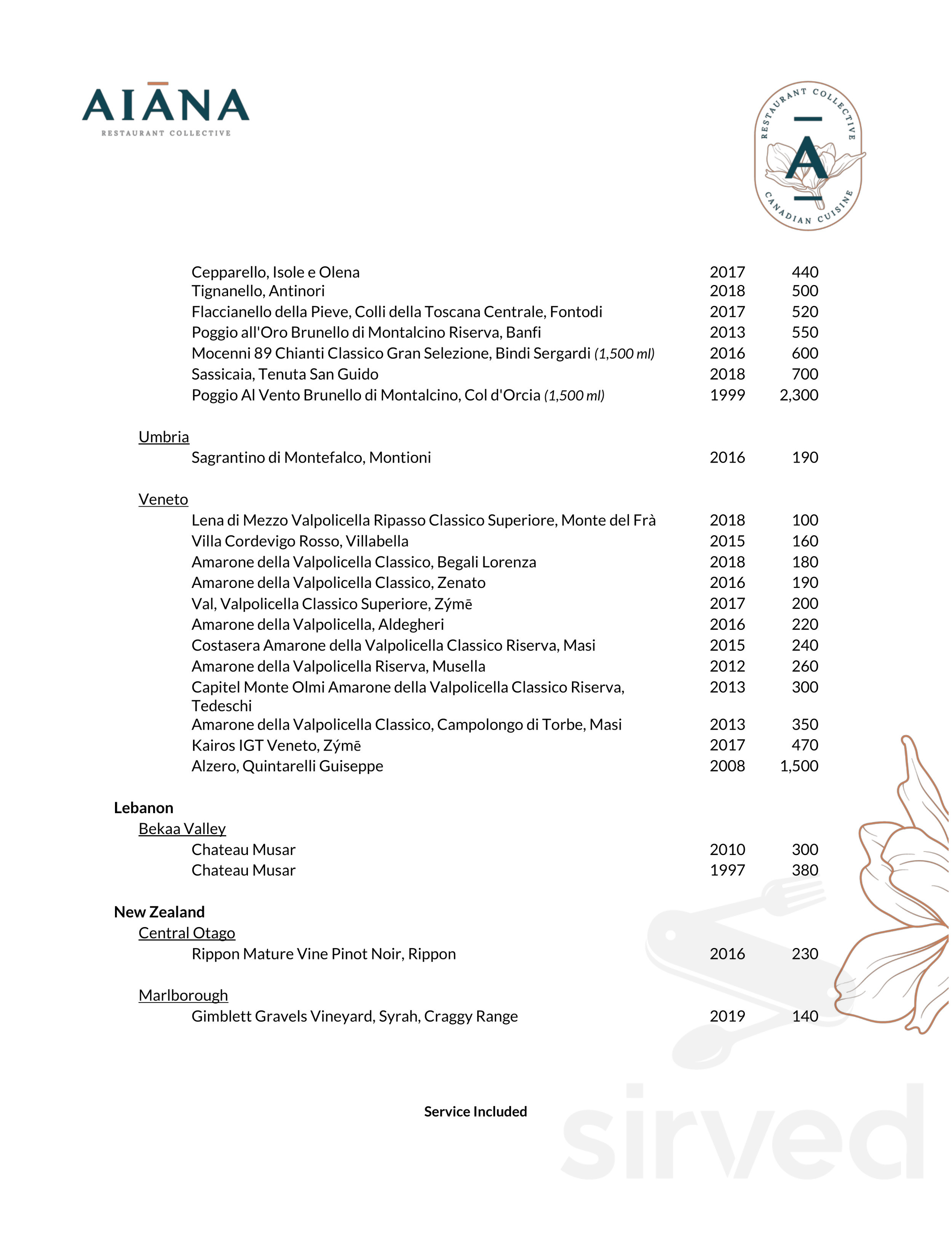 Menu for Aiana Restaurant Collective in Ottawa, Ontario, Canada