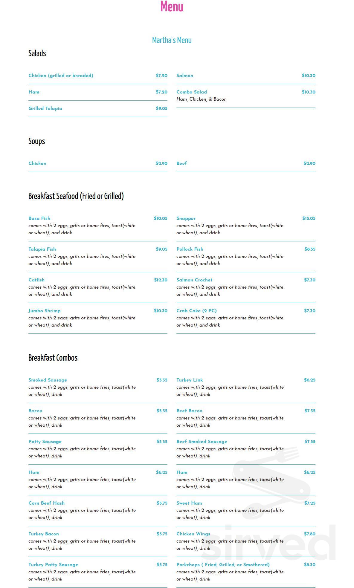 Martha's Restaurant menu in Tampa, Florida, USA