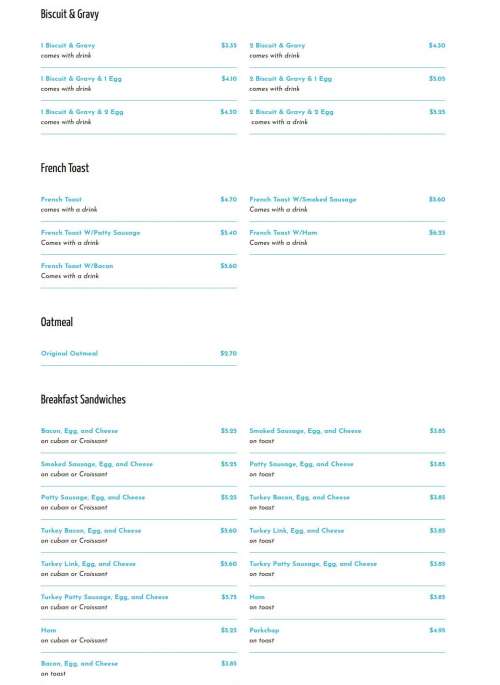 Martha's Restaurant menu in Tampa, Florida, USA