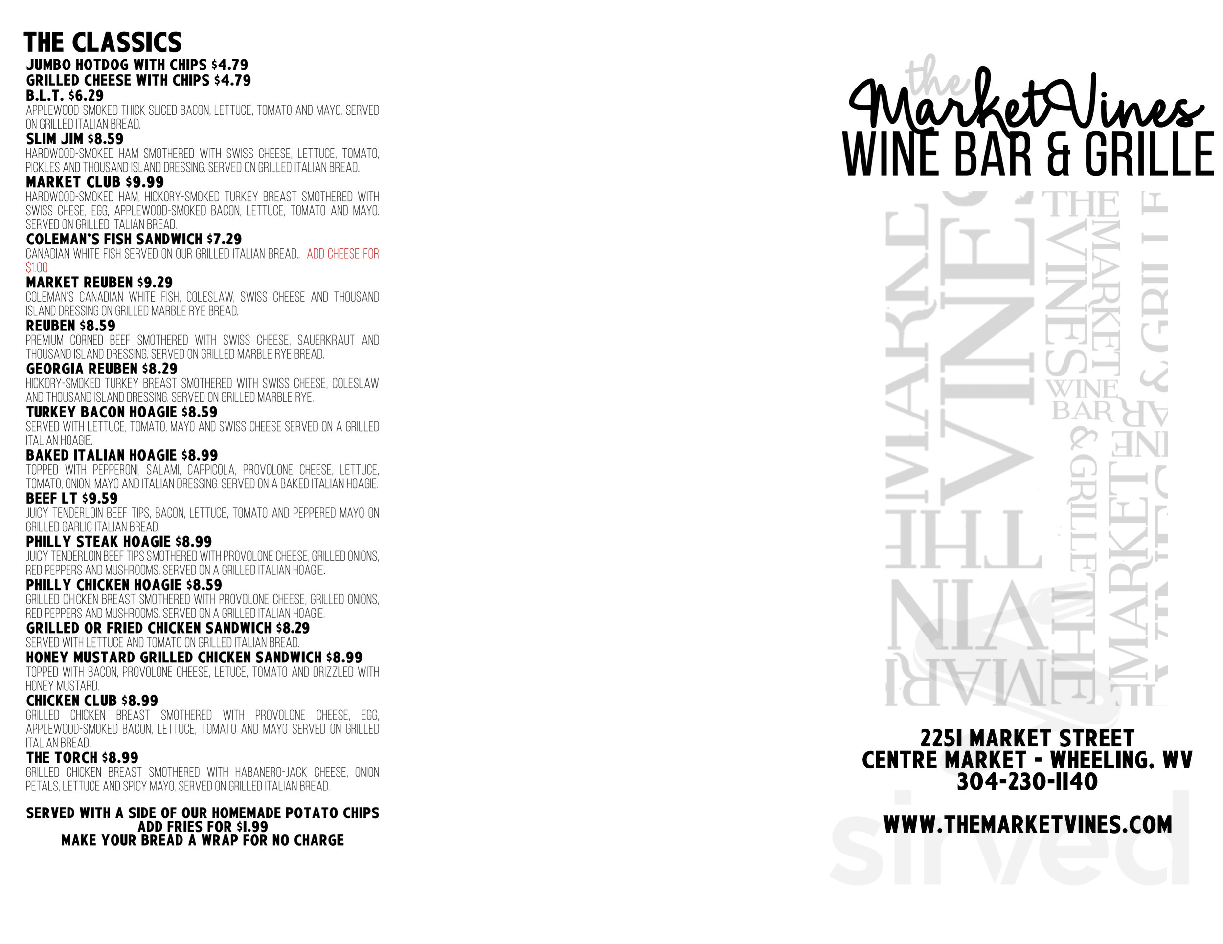 The Market Vines - Wine Bar & Grille menu in Wheeling, West Virginia, USA