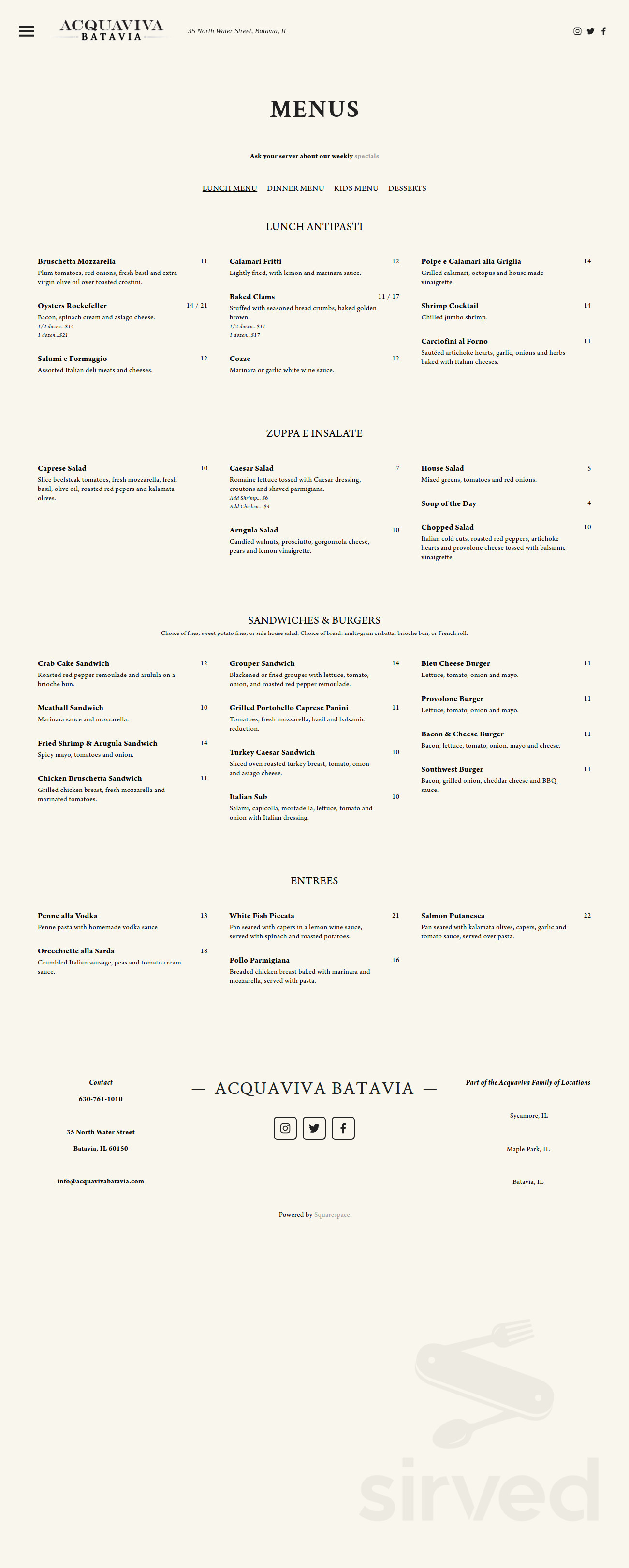 Menu for Acquaviva Ristorante in Batavia, IL | Sirved