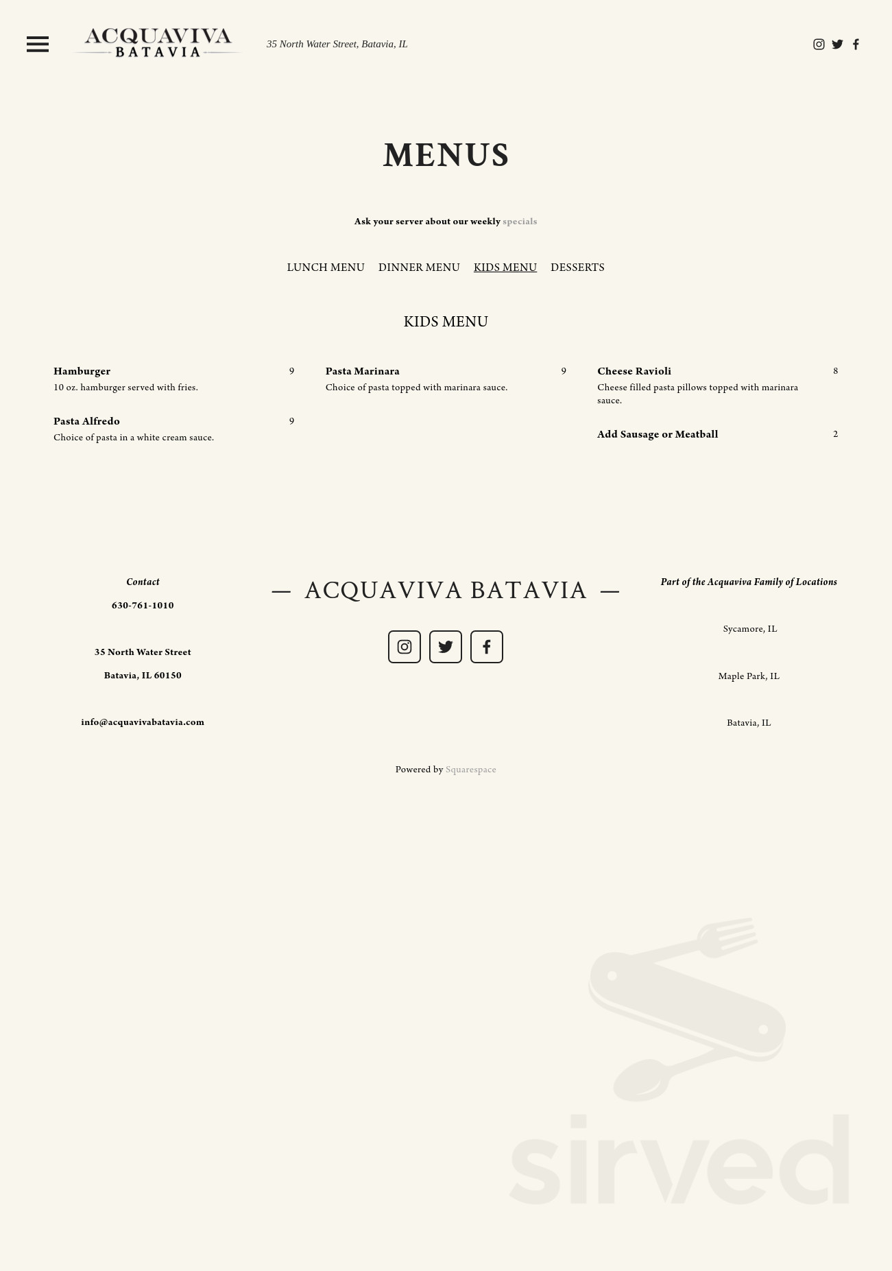 Menu for Acquaviva Ristorante in Batavia, IL | Sirved