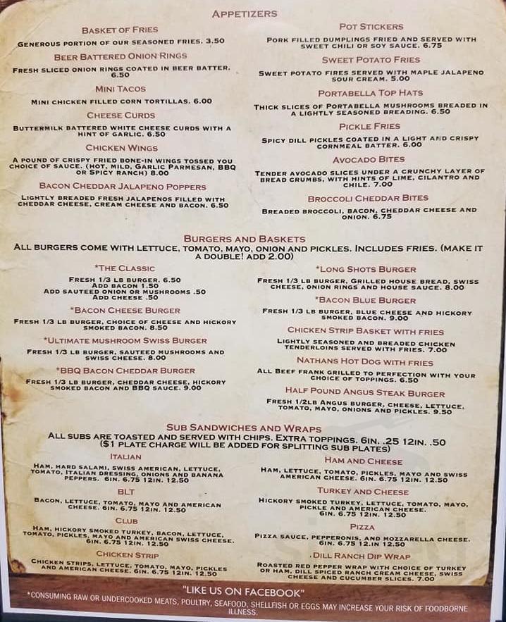 Longshots Tavern menus in Pearson, Wisconsin, United States
