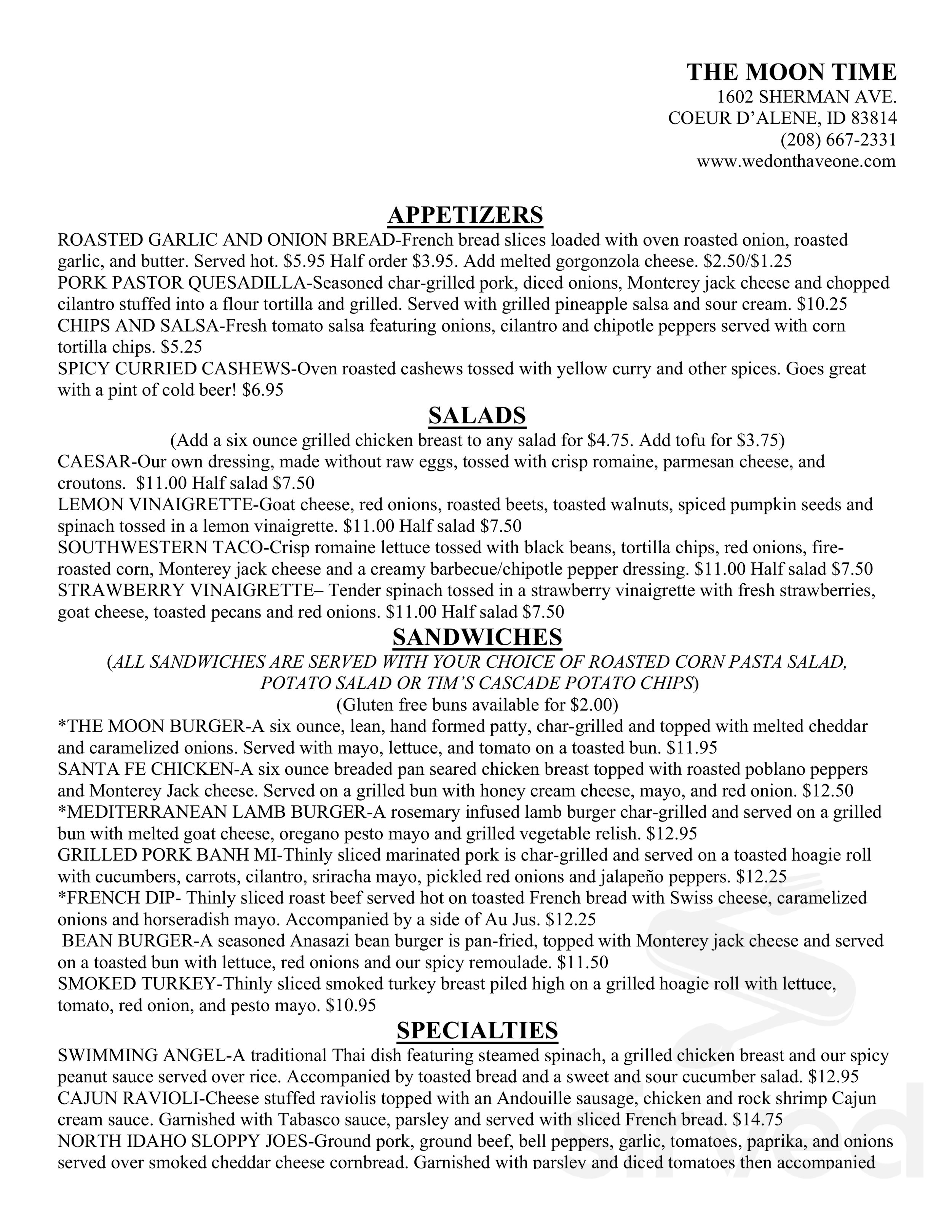Menu for Moon Time in Coeur d'Alene, ID | Sirved