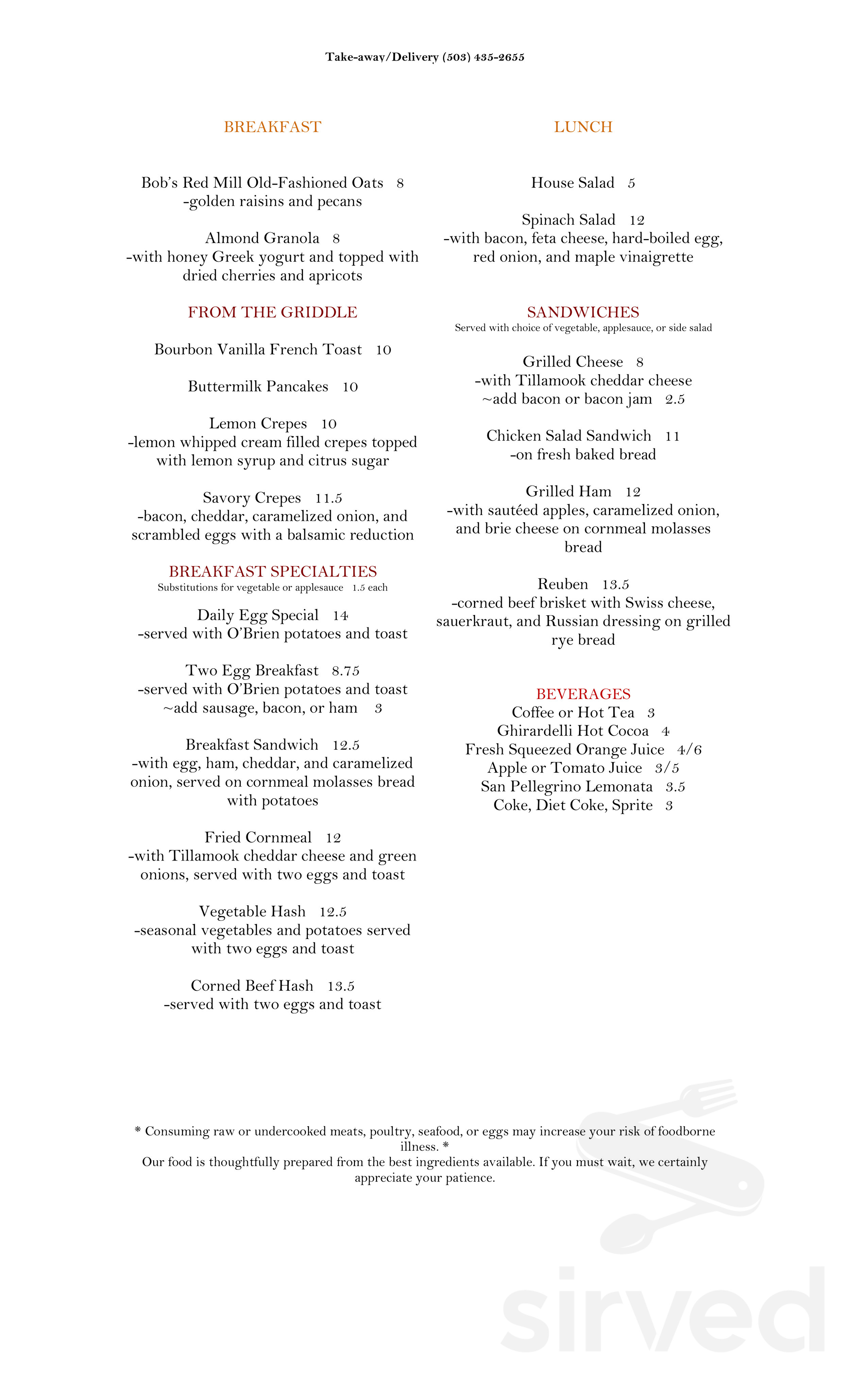 Crescent Cafe menu in McMinnville, Oregon, USA