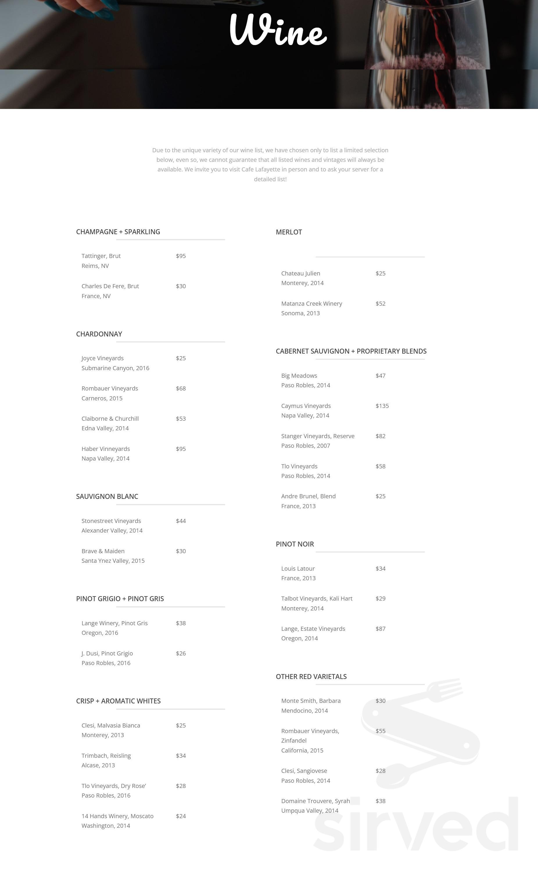 Menu - Exeter CA's Cafe Lafayette | Sirved