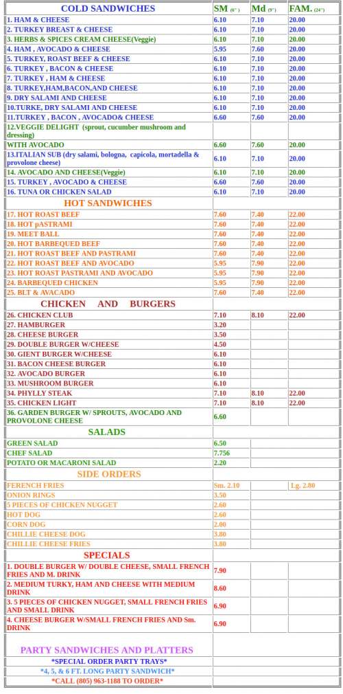 Sam's To Go menu in Santa Barbara, California, USA