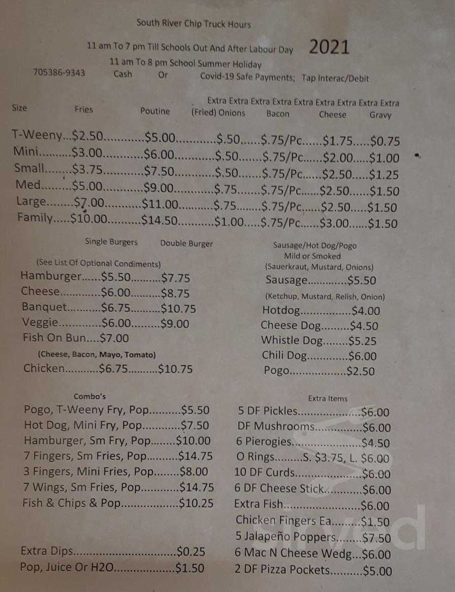 Menu for South River chip stand in South River, ON | Sirved