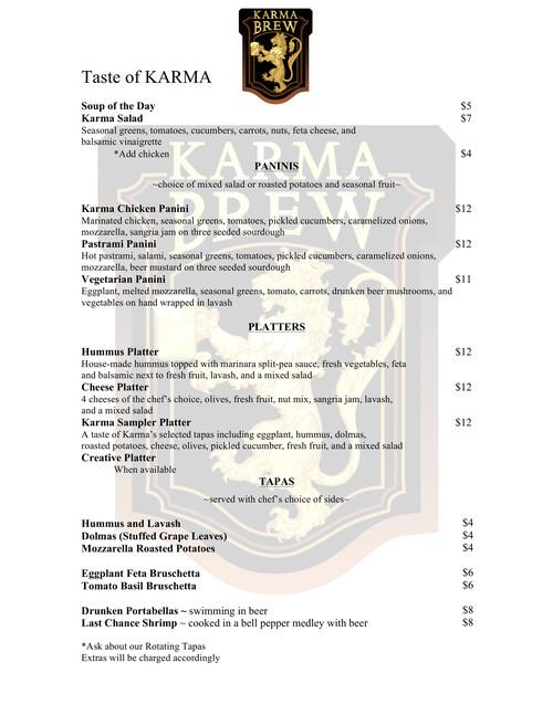 Karma Brew menu in Sacramento, California, USA