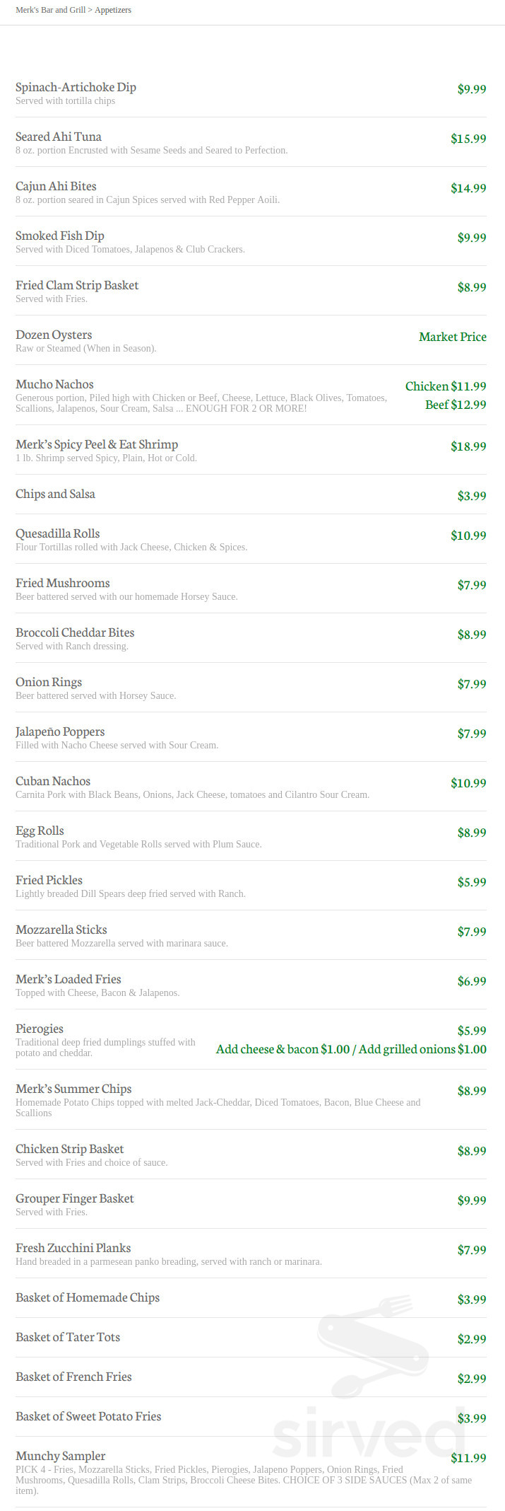 Menu for Merk's Bar & Grill in New Smyrna Beach, Florida, United States