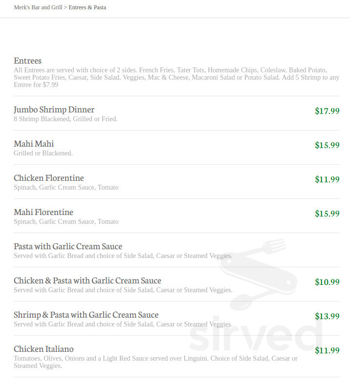 Menu for Merk's Bar & Grill in New Smyrna Beach, Florida, United States