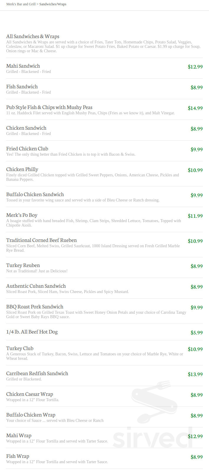 Menu for Merk's Bar & Grill in New Smyrna Beach, Florida, United States