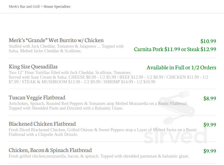 Menu for Merk's Bar & Grill in New Smyrna Beach, Florida, United States
