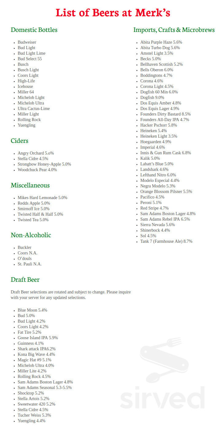 Menu for Merk's Bar & Grill in New Smyrna Beach, Florida, United States