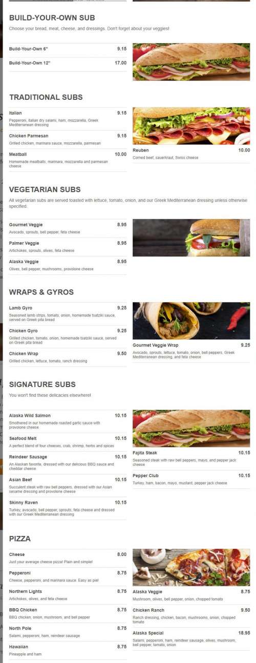 Alaska's Gourmet Subs menu in Anchorage, Alaska, USA