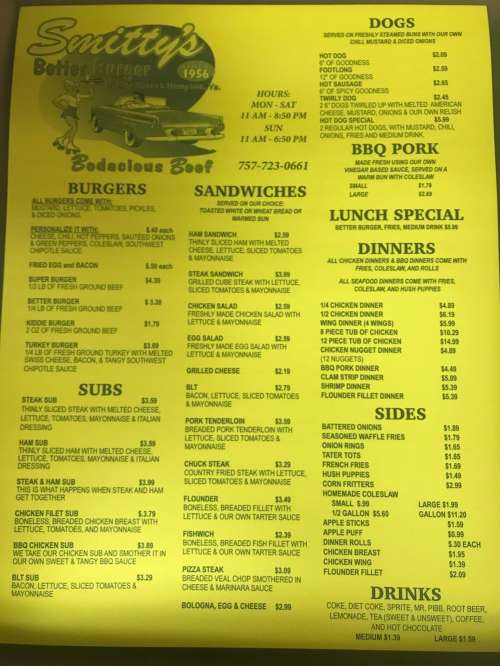 Smitty's Better Burger menu in Hampton, Virginia, USA