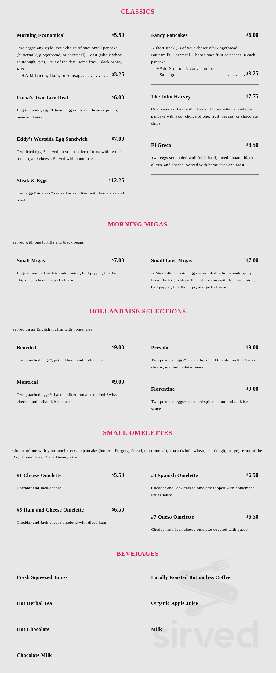 Magnolia Cafe menu in Austin, Texas, USA