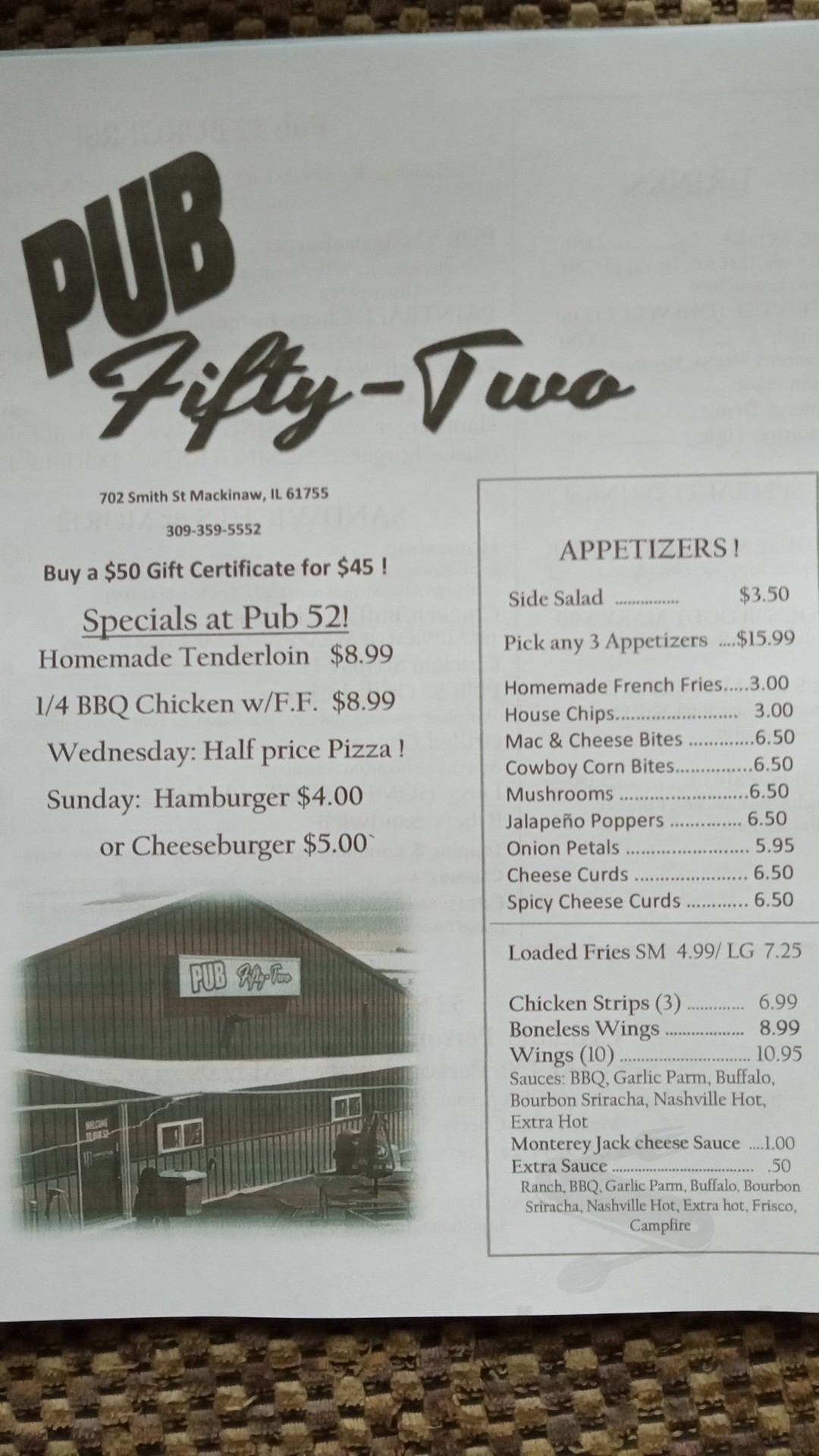 Pub 52 menu in Mackinaw, Illinois, USA