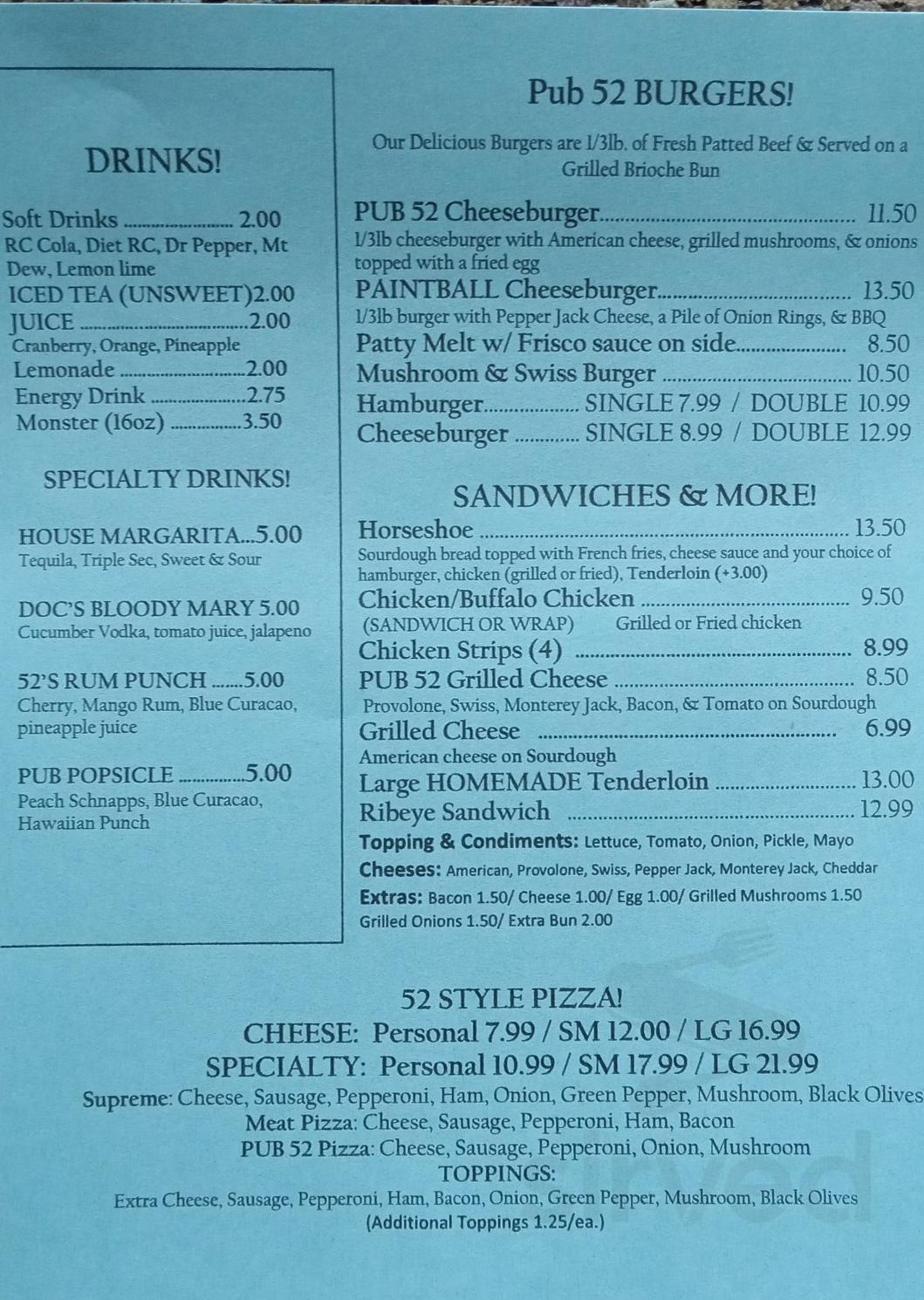 Pub 52 menu in Mackinaw, Illinois, USA