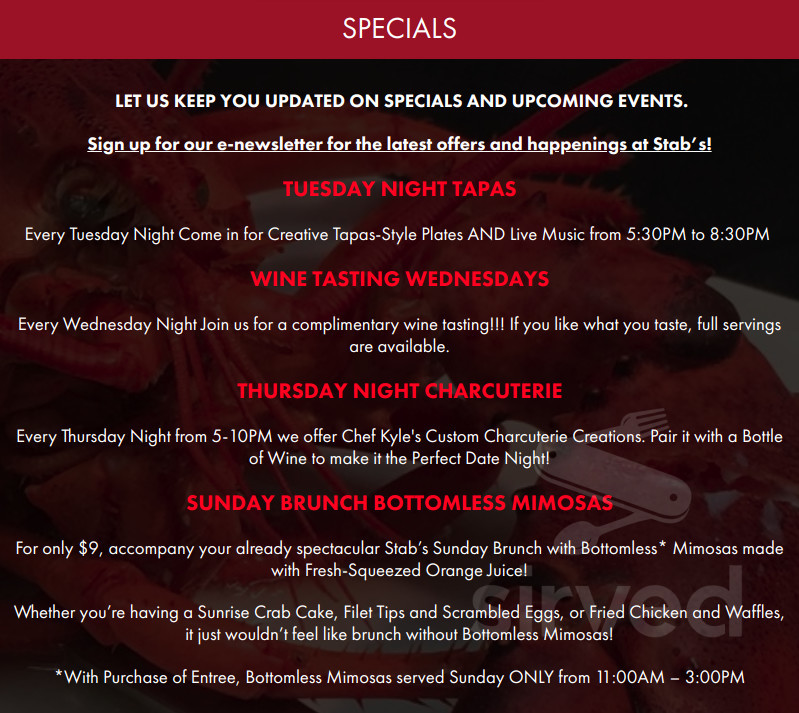 Menu for Stab's Steak and Seafood Central in Baton Rouge, LA | Sirved