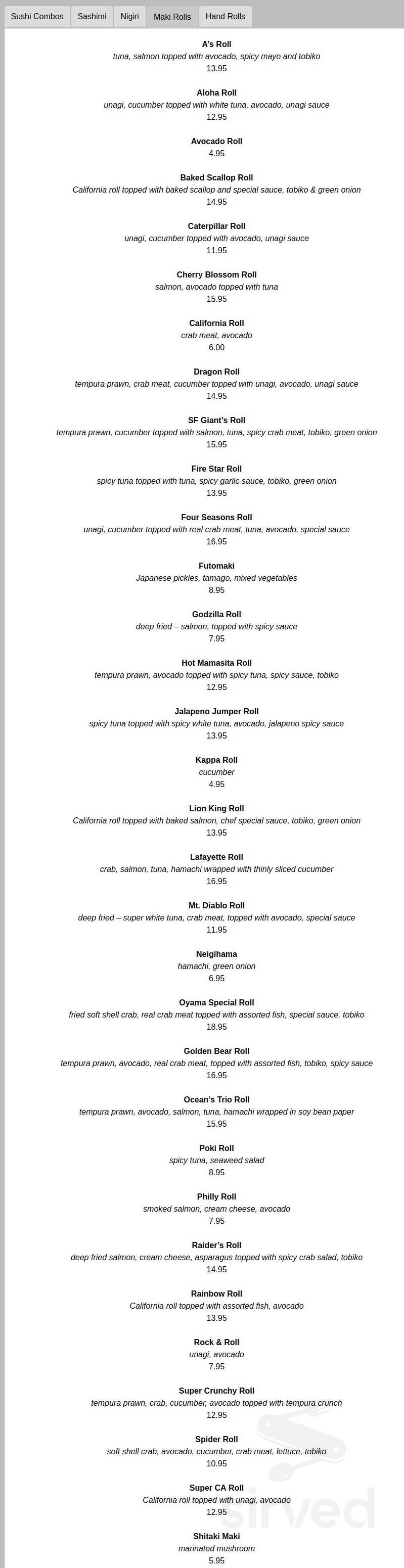 Oyama Sushi menu in Lafayette, California, USA