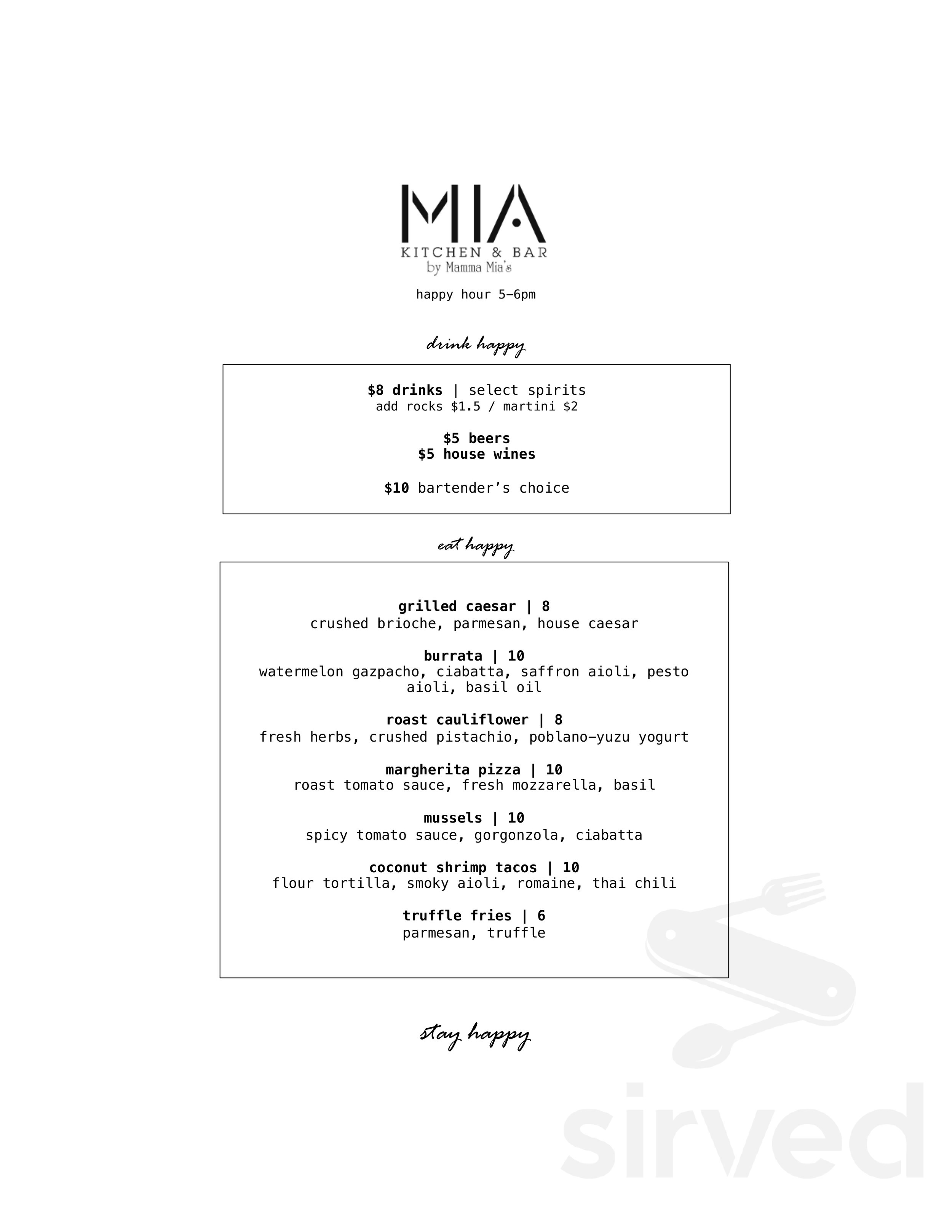 Menu for MIA Kitchen & Bar in Delray Beach, FL | Sirved