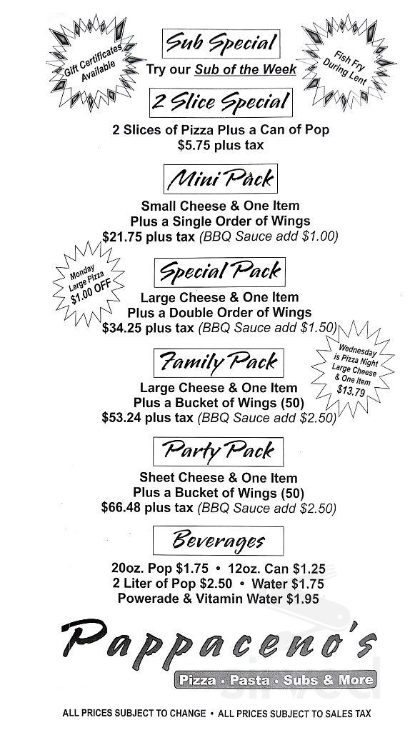 Pappaceno's Pizza menu in Orchard Park, New York, USA