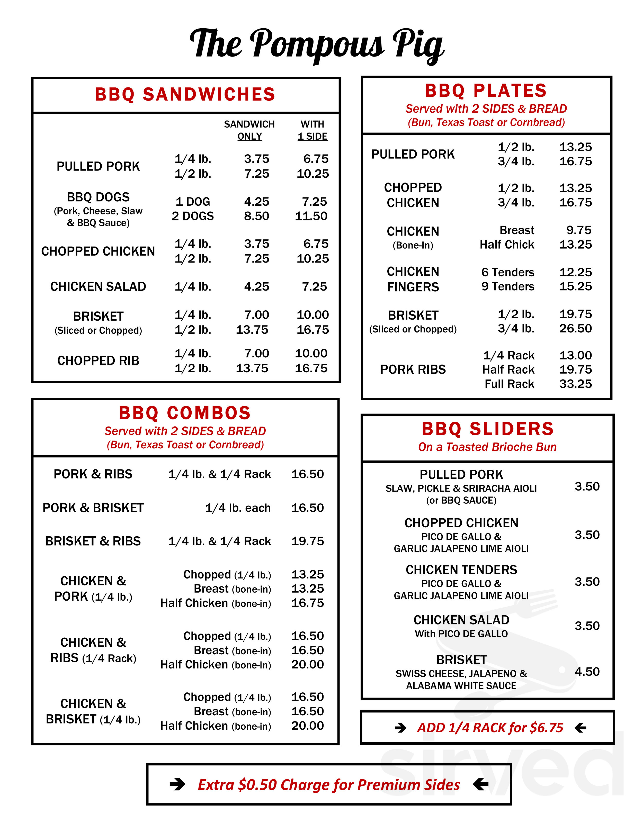 The Pompous Pig menu in Anderson, South Carolina, USA