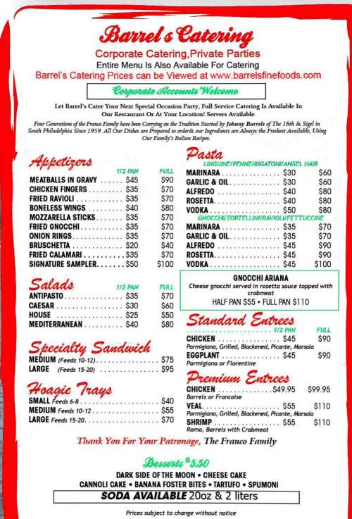 Barrel's Fine Food menu in Philadelphia, Pennsylvania, USA