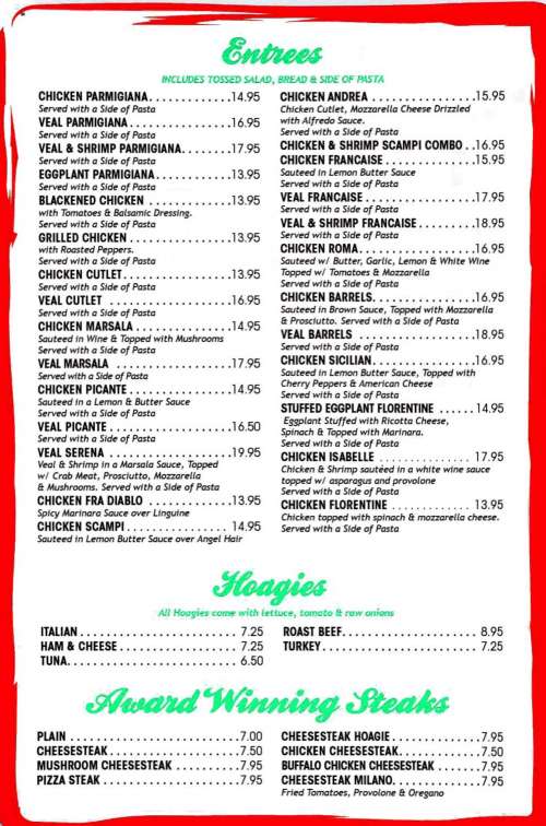 Barrel's Fine Food menu in Philadelphia, Pennsylvania, USA