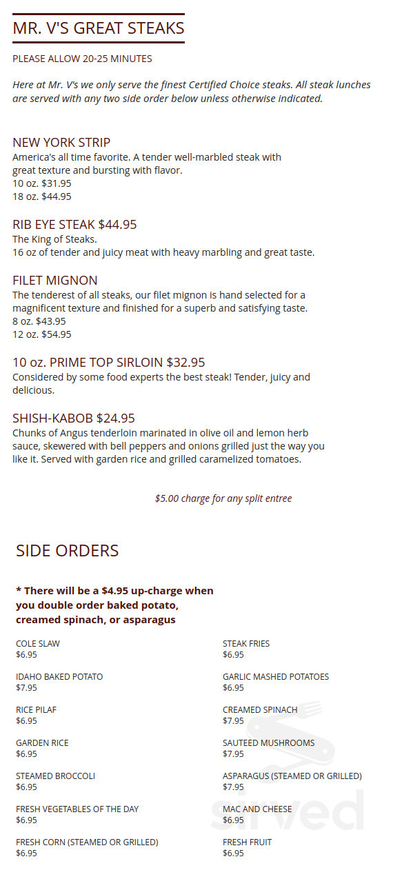 Mr. V's Bar and Grill menu in La Mirada, California, USA
